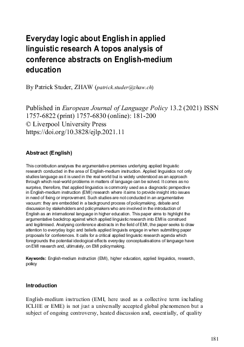 (PDF) Everyday logic about English in applied linguistic research | patrick studer - Academia.edu