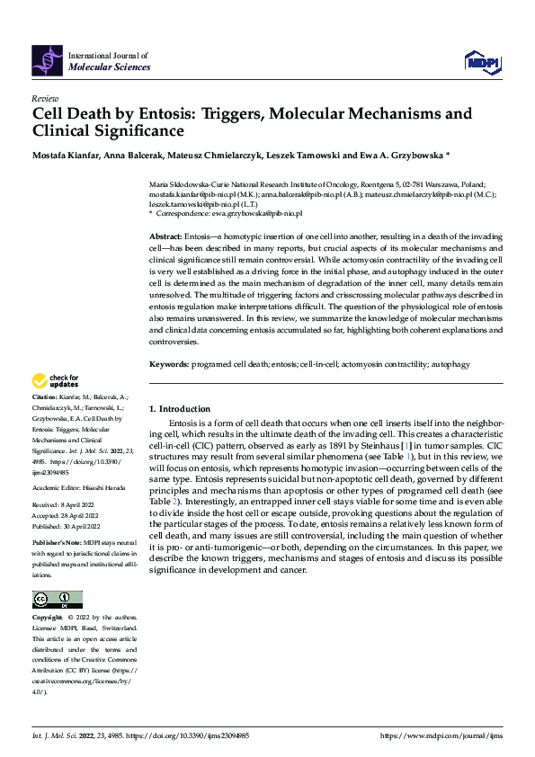 (PDF) Cell Death by Entosis: Triggers, Molecular Mechanisms and ...