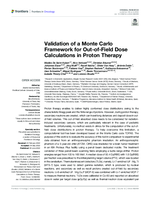 (PDF) Validation of a Monte Carlo Framework for Out-of-Field Dose Calculations in Proton Therapy ...