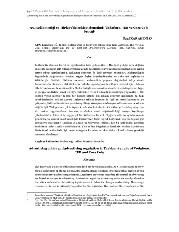 (PDF) Reklam etiği ve Türkiye’de reklam denetimi: Vodafone, TEB ve Coca ...