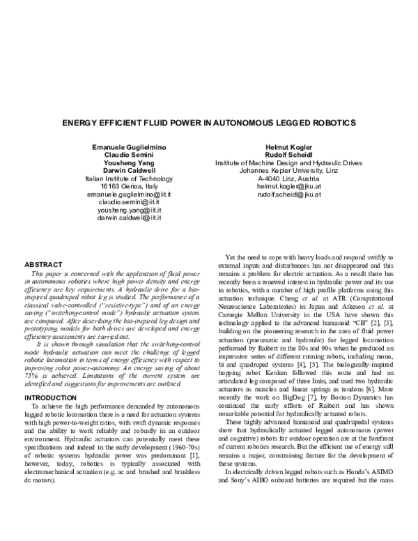 (PDF) Energy efficient fluid power in autonomous legged robotics