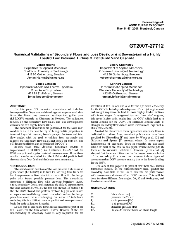 (PDF) Numerical Validations of Secondary Flows and Loss Development ...
