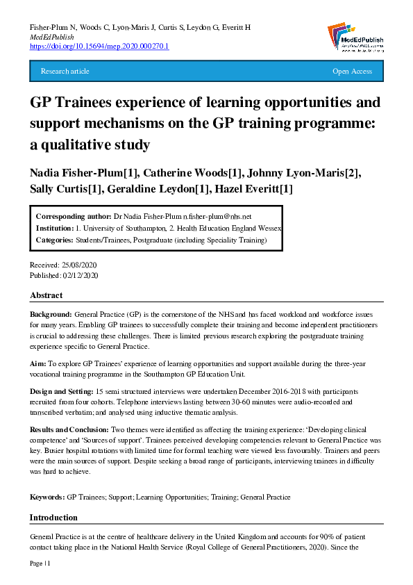 (PDF) GP Trainees experience of learning opportunities and support mechanisms on the GP training ...