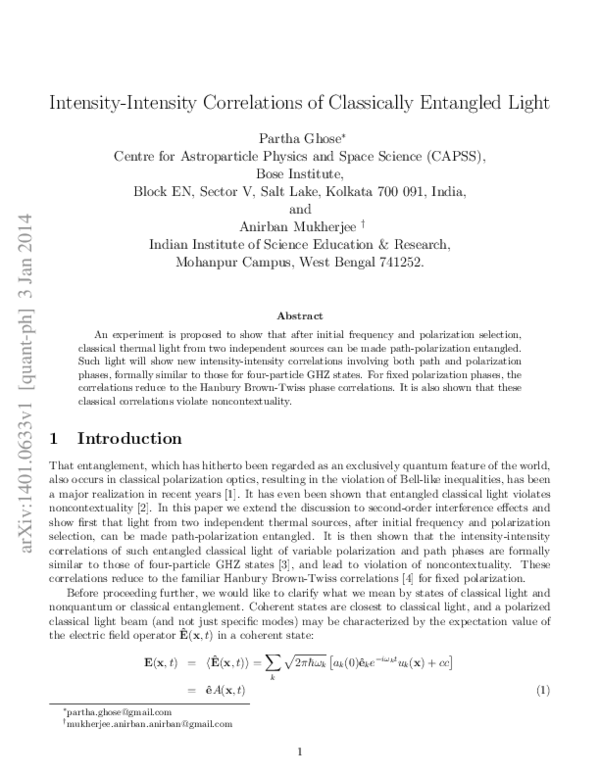 (PDF) Intensity-Intensity Correlations of Classically Entangled Light