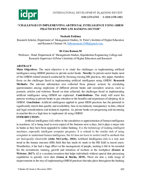 (PDF) "CHALLENGES IN IMPLEMENTING ARTIFICIAL INTELLIGENCE USING GHRM PRACTICES IN PRIVATE ...