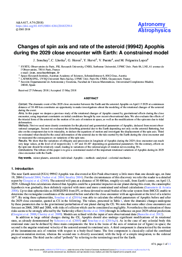 (PDF) Changes of spin axis and rate of the asteroid (99942) Apophis ...