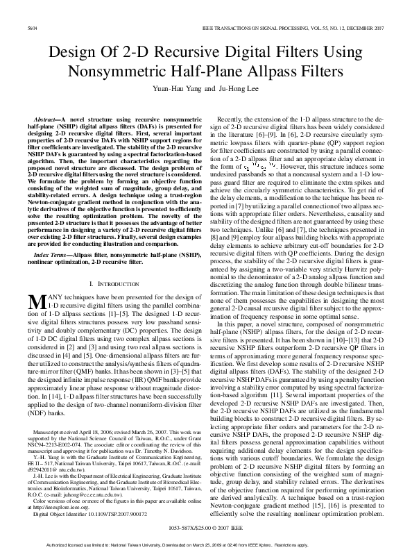 Pdf Design Of 2 D Recursive Digital Filters Using Nonsymmetric Half