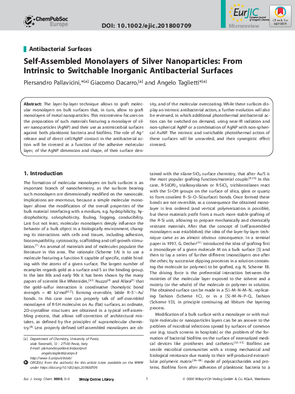 (PDF) Self-assembled monolayers of silver nanoparticles firmly grafted on glass surfaces: Low ...