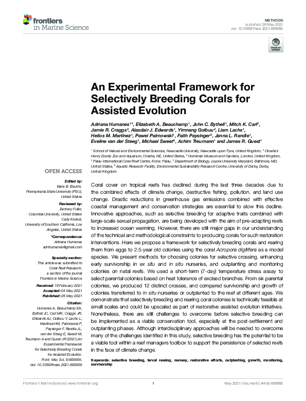 (PDF) An Experimental Framework for Selectively Breeding Corals for Assisted Evolution