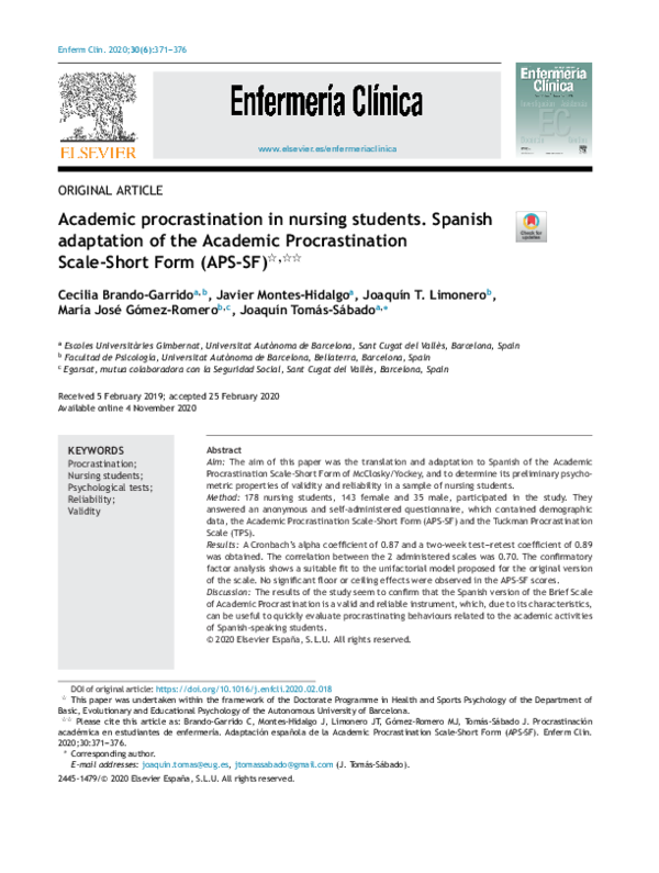 (PDF) Academic procrastination in nursing students. Spanish adaptation ...