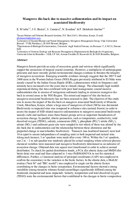 (PDF) Mangrove die-back due to massive sedimentation and its impact on ...