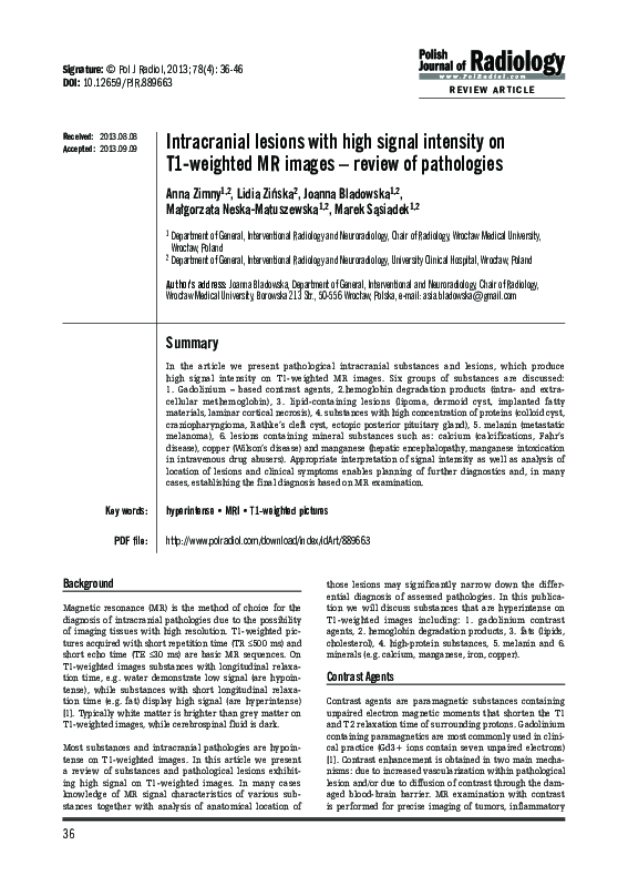 (PDF) Intracranial lesions with high signal intensity on T1-weighted MR ...