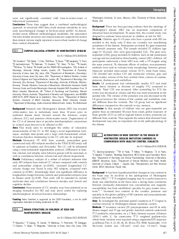 (PDF) G03 Corpus callosal atrophy in Huntington's disease