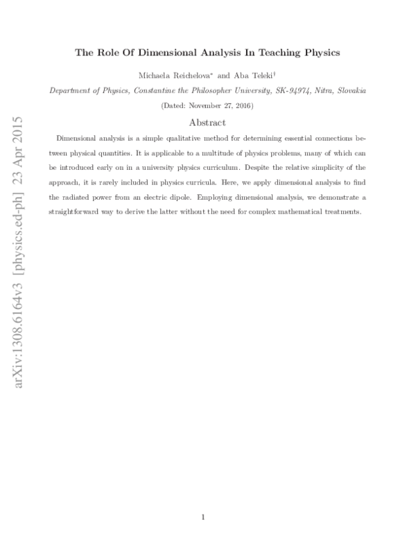 (PDF) The Role Of Dimensional Analysis In Teaching Physics