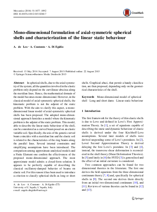 (PDF) Mono-dimensional formulation of axial-symmetric spherical shells and characterization of ...