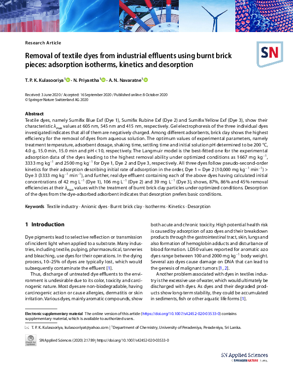 (PDF) Removal of textile dyes from industrial effluents using burnt brick pieces: adsorption ...