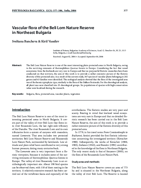 (PDF) Vascular flora of the Beli Lom Nature Reserve in Northeast Bulgaria