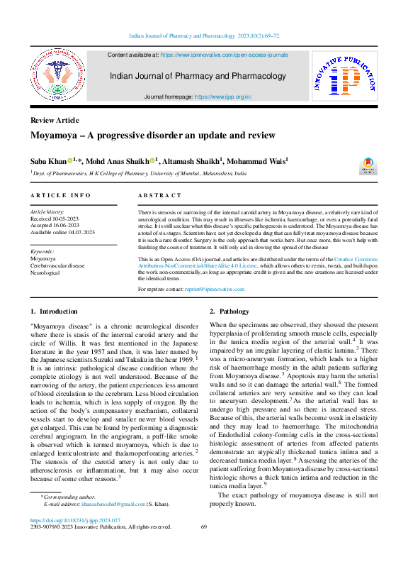 (PDF) Moyamoya -A progressive disorder an update and review