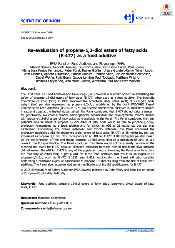 (PDF) Re‐evaluation of propane‐1,2‐diol esters of fatty acids (E 477) as a food additive