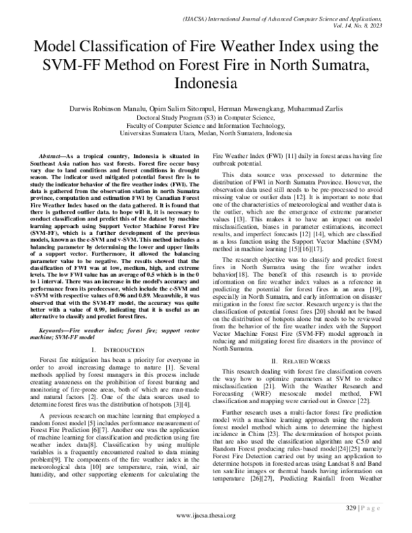 (PDF) Model Classification of Fire Weather Index using the SVM-FF Method on Forest Fire in North ...