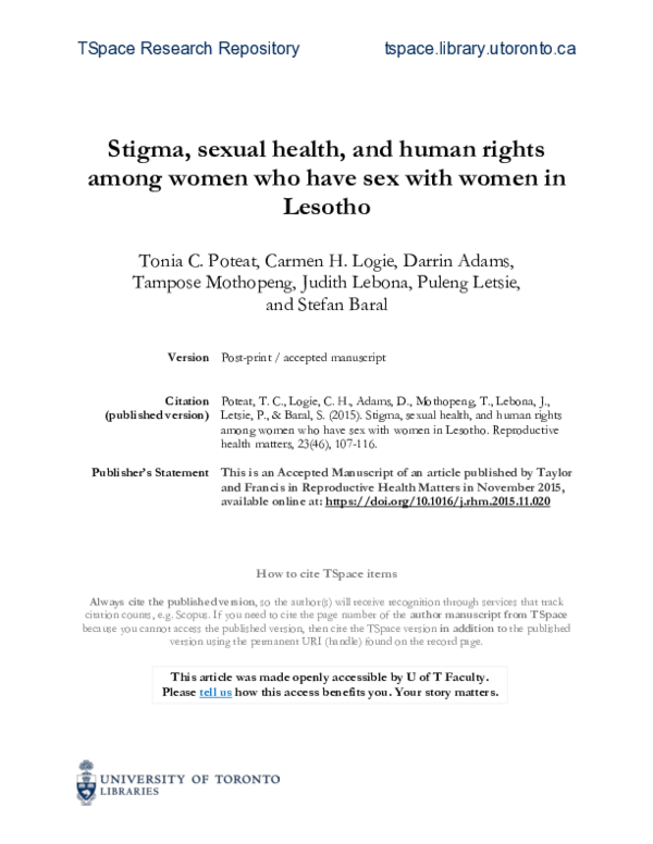 (PDF) Stigma, sexual health, and human rights among women who have sex with women in Lesotho