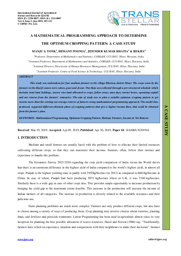 (PDF) A Mathematical Programming Approach to Determine the Optimum Cropping Pattern, A Case Study
