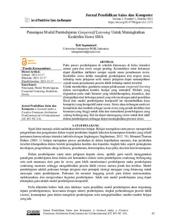 (PDF) Penerapan Model Pembelajaran Cooperatif Learning Untuk Meningkatkan Keaktifan Siswa SMA