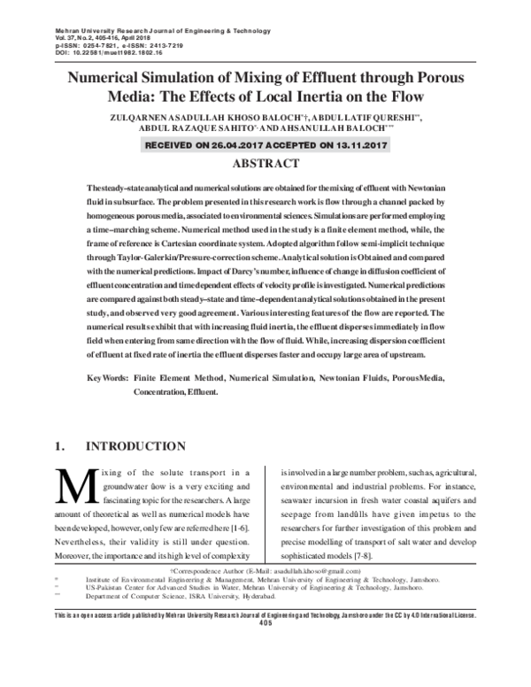 (PDF) Numerical Simulation of Mixing of Effluent through PorousMedia: The Effects of Local ...