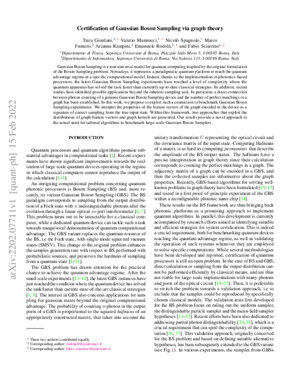 (PDF) Certification of Gaussian Boson Sampling via graphs feature vectors and kernels