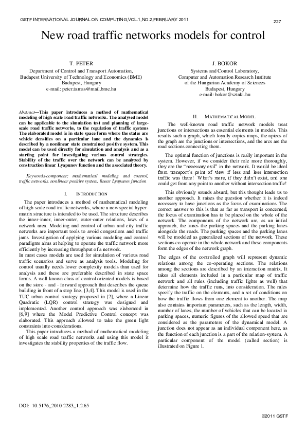 (PDF) New road traffic networks models for control