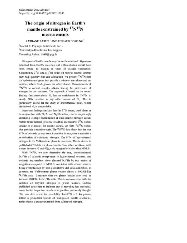 (PDF) The origin of nitrogen in Earth’s mantle constrained by 15 N 15 N ...