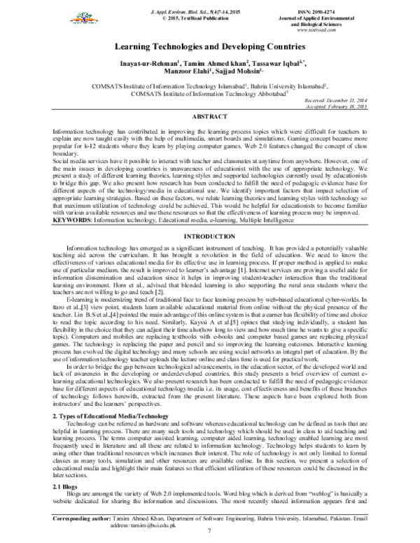 (PDF) Learning Technologies and Developing Countries