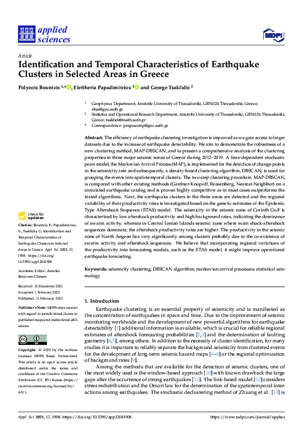 (PDF) Identification and Temporal Characteristics of Earthquake Clusters in Selected Areas in Greece