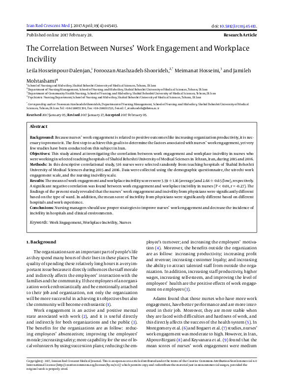 Pdf The Correlation Between Nurses Work Engagement And Workplace Incivility