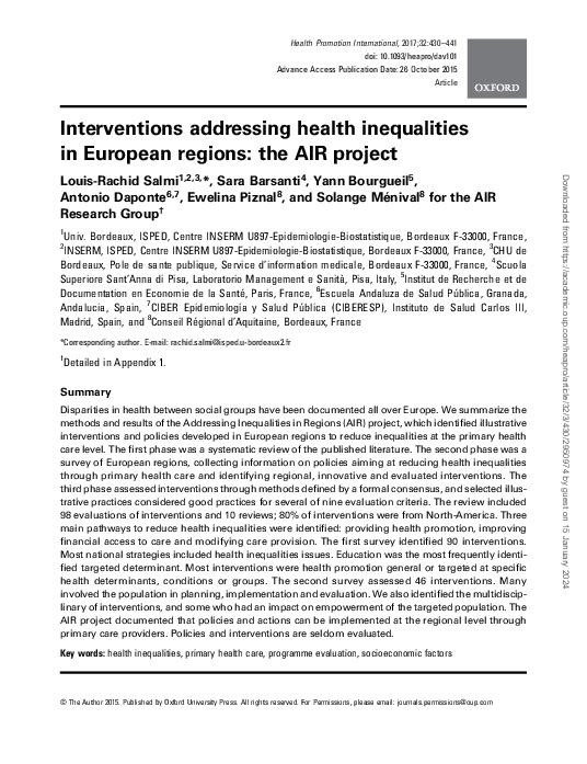 Pdf Interventions Addressing Health Inequalities In European Regions The Air Project