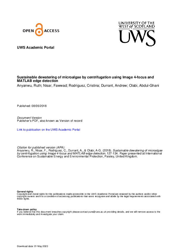 (PDF) Sustainable dewatering of microalgae by centrifugation using ...