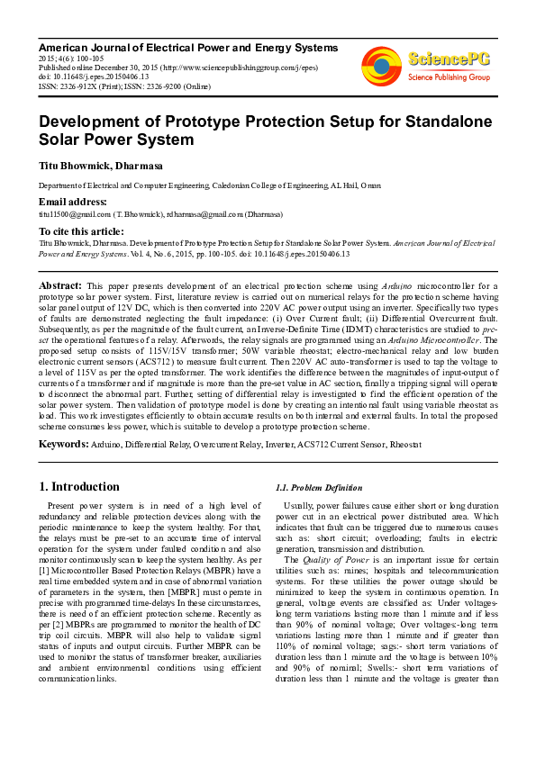 (PDF) Development of Prototype Protection Setup for Standalone Solar ...