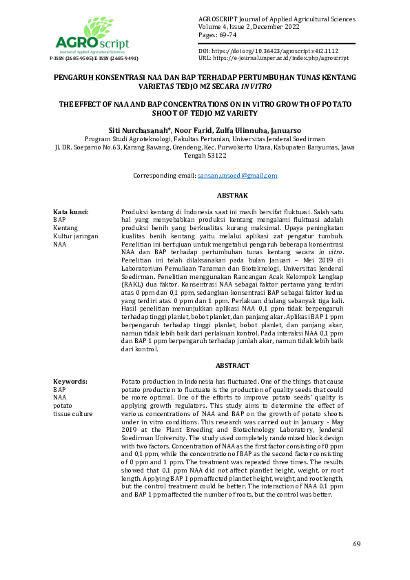 (PDF) Pengaruh Konsentrasi NAA dan BAP terhadap Pertumbuhan Tunas ...