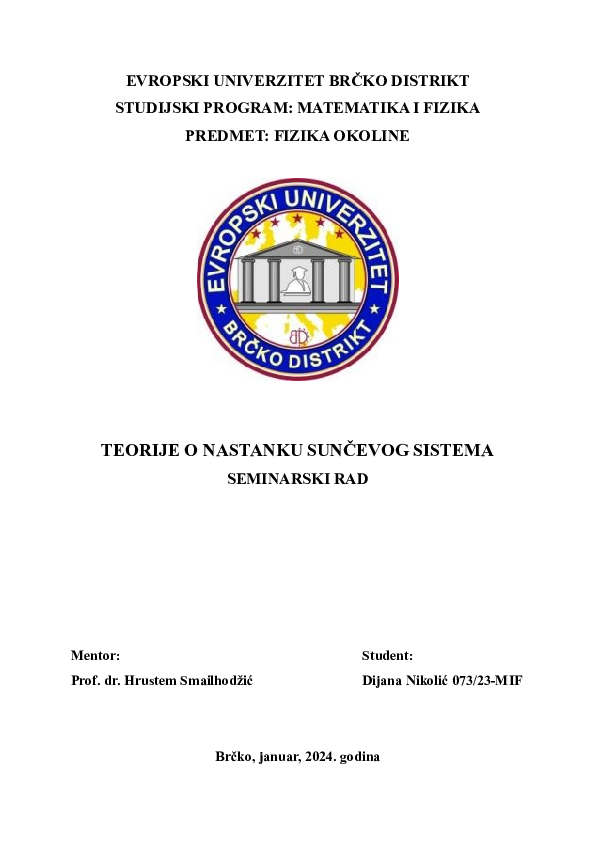 (DOC) TEORIJE O NASTANKU SUNCEVOG SISTEMA