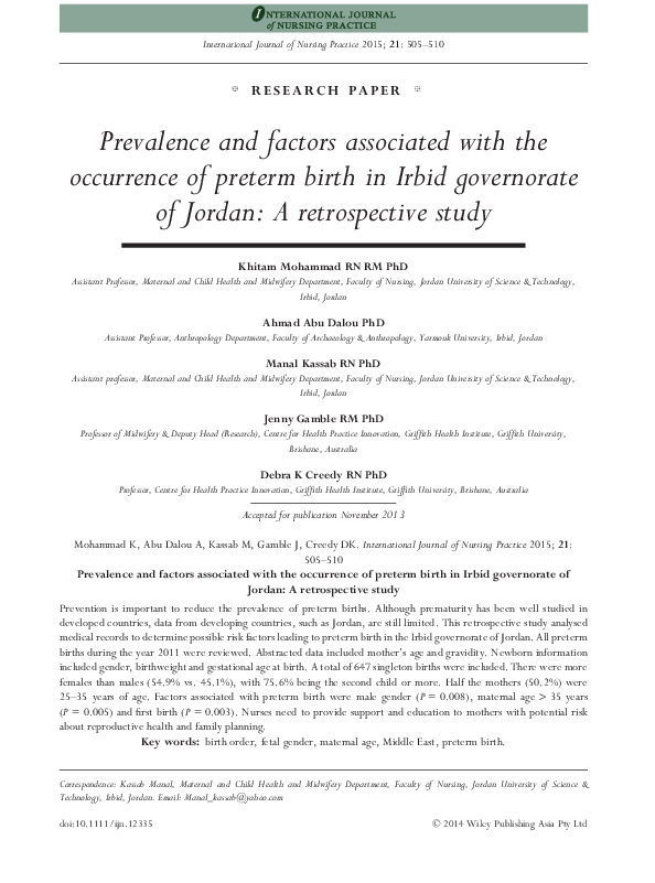 (PDF) Prevalence and factors associated with the occurrence of preterm ...