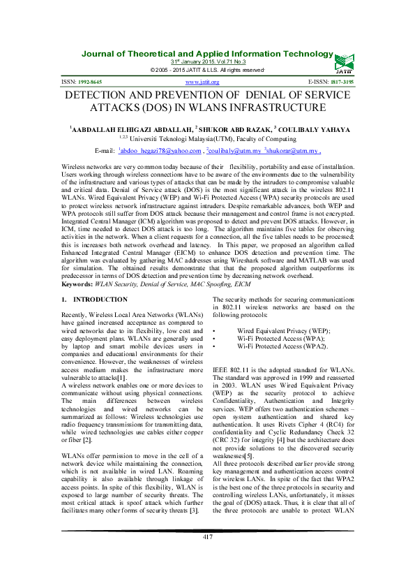(PDF) Detection and prevention of denial of service attacks (DOS) in WLANs infrastructure ...