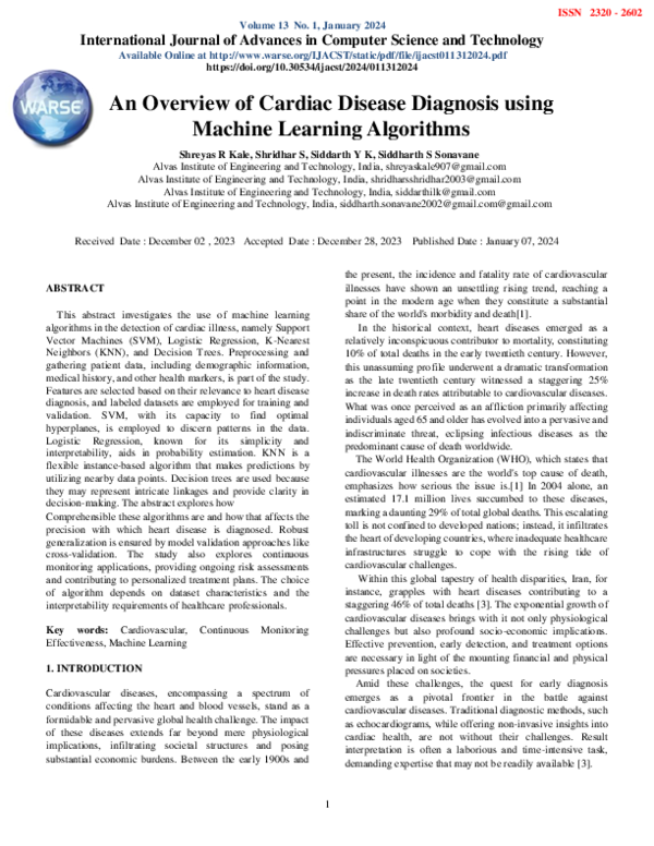 (PDF) An Overview of Cardiac Disease Diagnosis using Machine Learning Algorithms