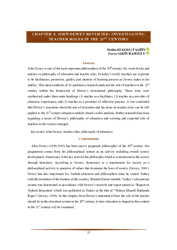(PDF) JOHN DEWEY REVISITED: INVESTIGATING TEACHER ROLES IN THE 21 ST CENTURY