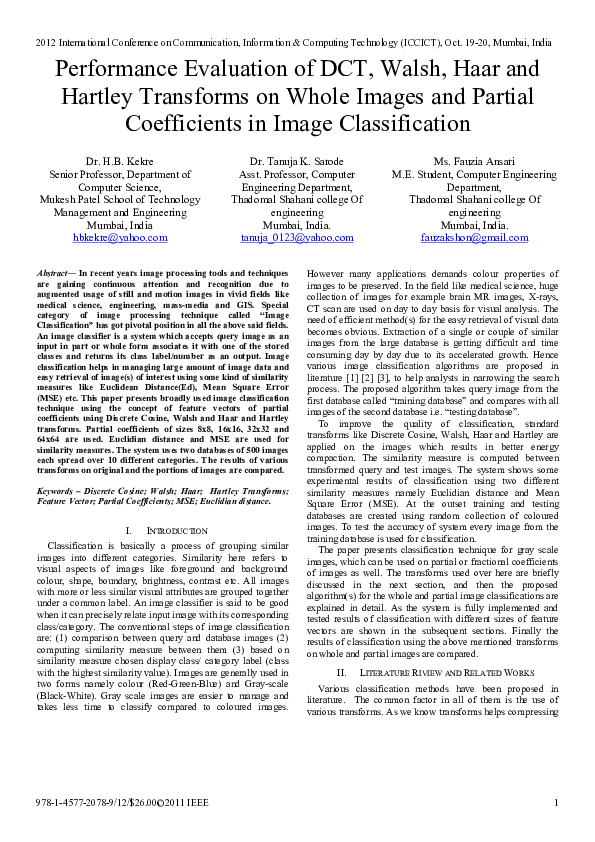 Pdf Performance Evaluation Of Dct Walsh Haar And Hartley Transforms