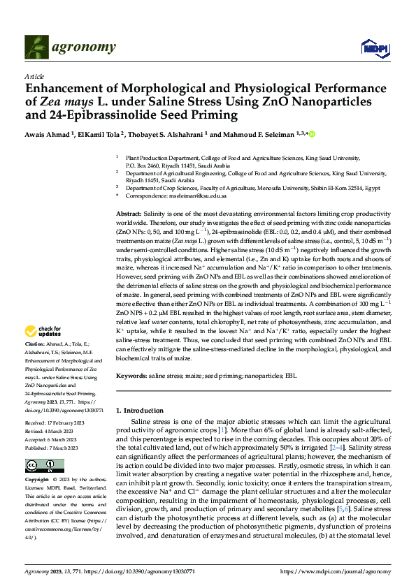(PDF) Enhancement of Morphological and Physiological Performance of Zea mays L. under Saline ...
