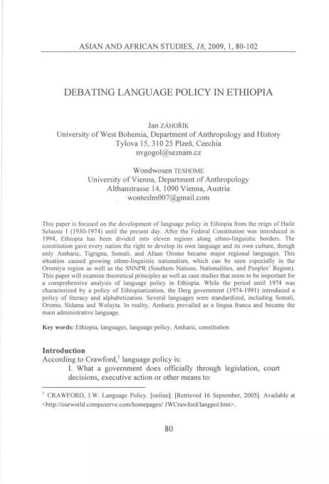 (PDF) DEBATING LANGUAGE POLICY IN ETHIOPIA