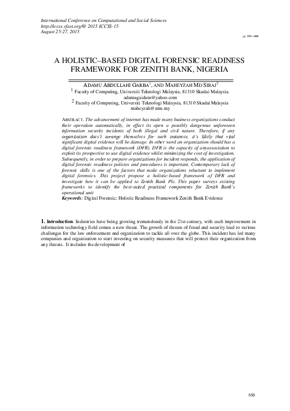 (PDF) A holistic based digital forensic readiness framework for Zenith Bank, Nigeria