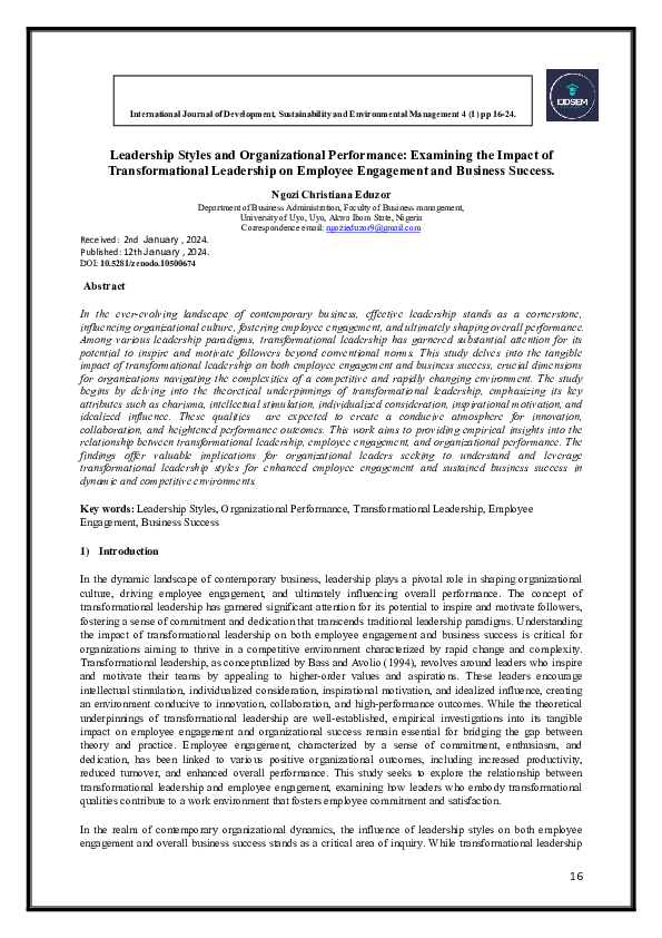 (PDF) Leadership Styles and Organizational Performance: Examining the Impact of Transformational ...