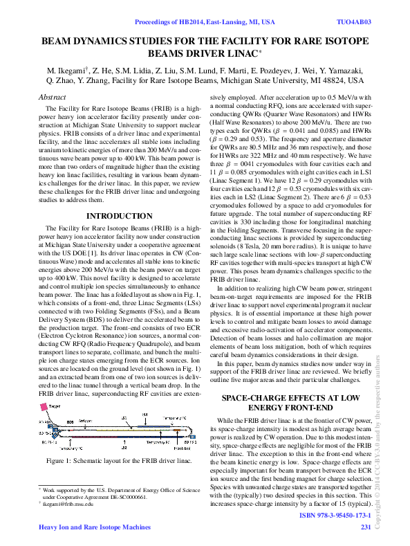 (PDF) Beam Dynamics Studies for the Facility for Rare Isotope Beams Driver Linac