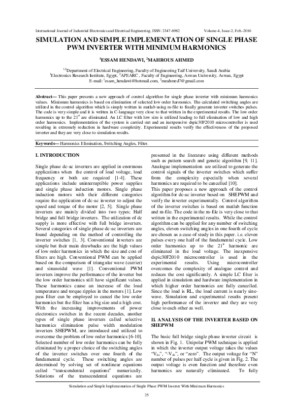 (PDF) Simulation and Simple Implementation of Single Phase PWM Inverter with Minimum Harmonics